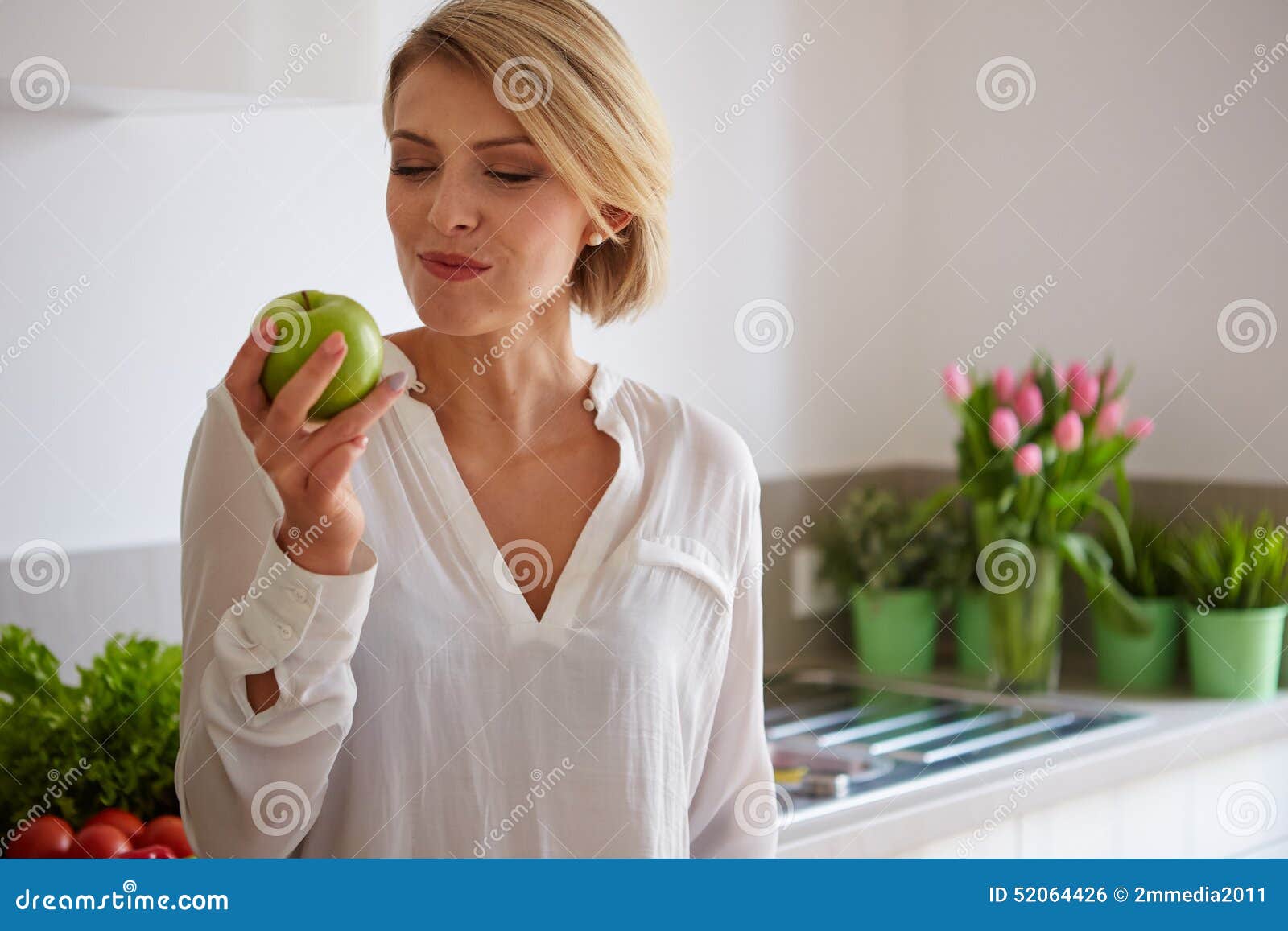 Happy Young Woman Eating Apples Stock Photo - Image of dieting, health ...