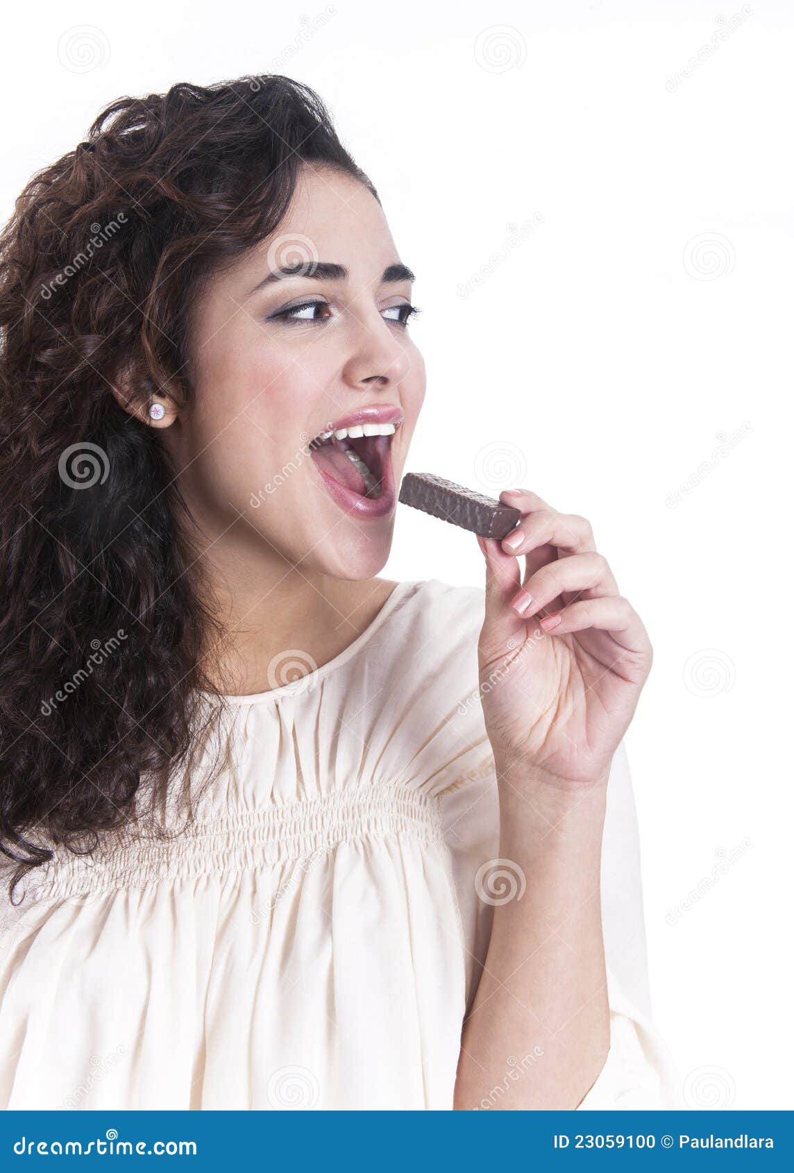 Happy Young Woman Eating Chocolate Waffle Stock Photo - Image of ...