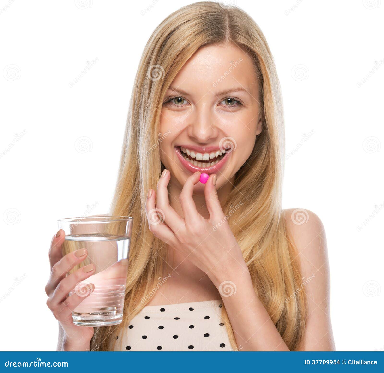 Happy Young Woman Eating Pill Stock Photo - Image of painkiller, drug ...