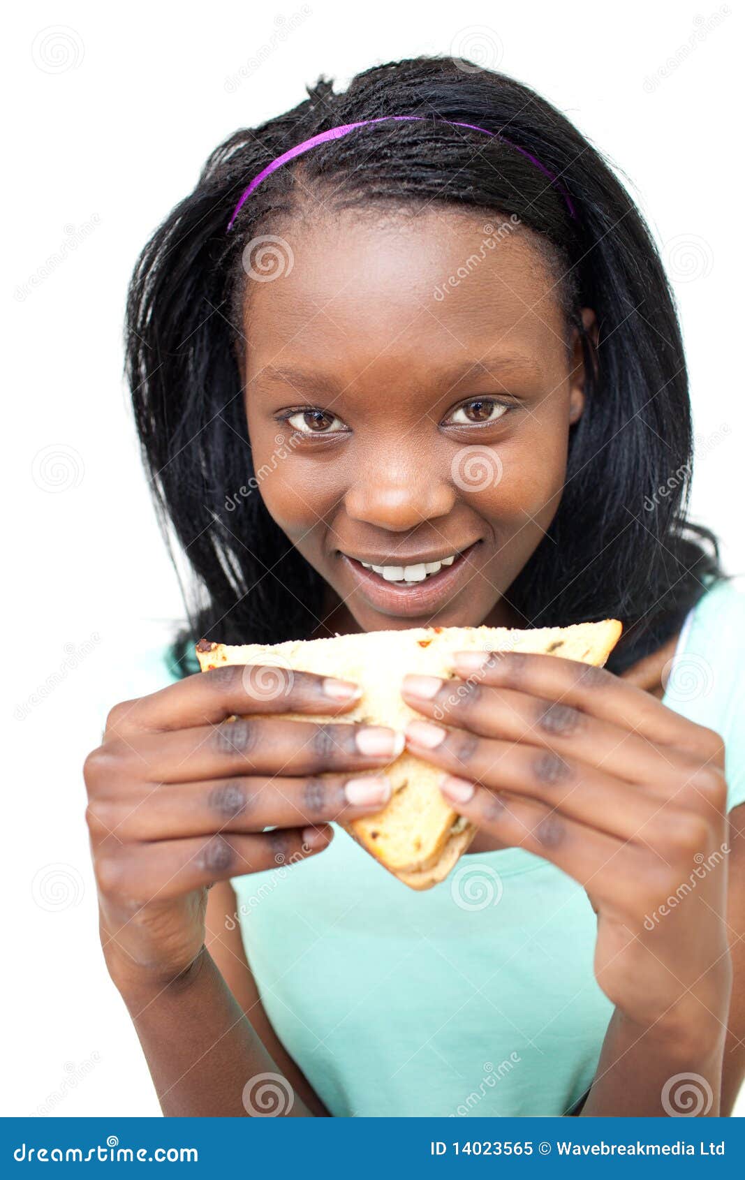 Happy Young Woman Eating a Sandwich Stock Image - Image of lunch, meal ...