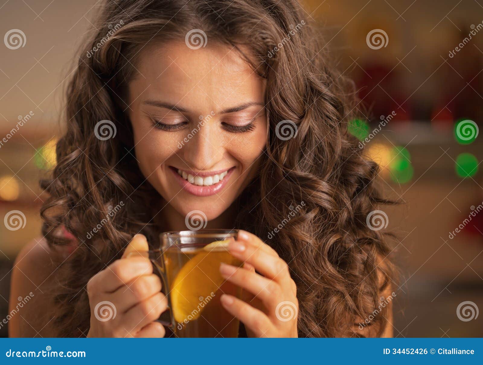 Happy Young Woman Enjoying Drinking Ginger Tea with Lemon Stock Photo ...