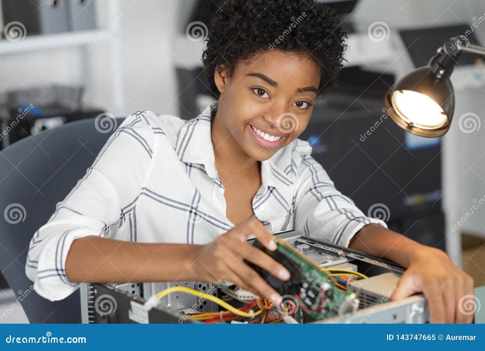 Happy Young Woman Fixing Pc Computer Stock Image - Image of broken ...