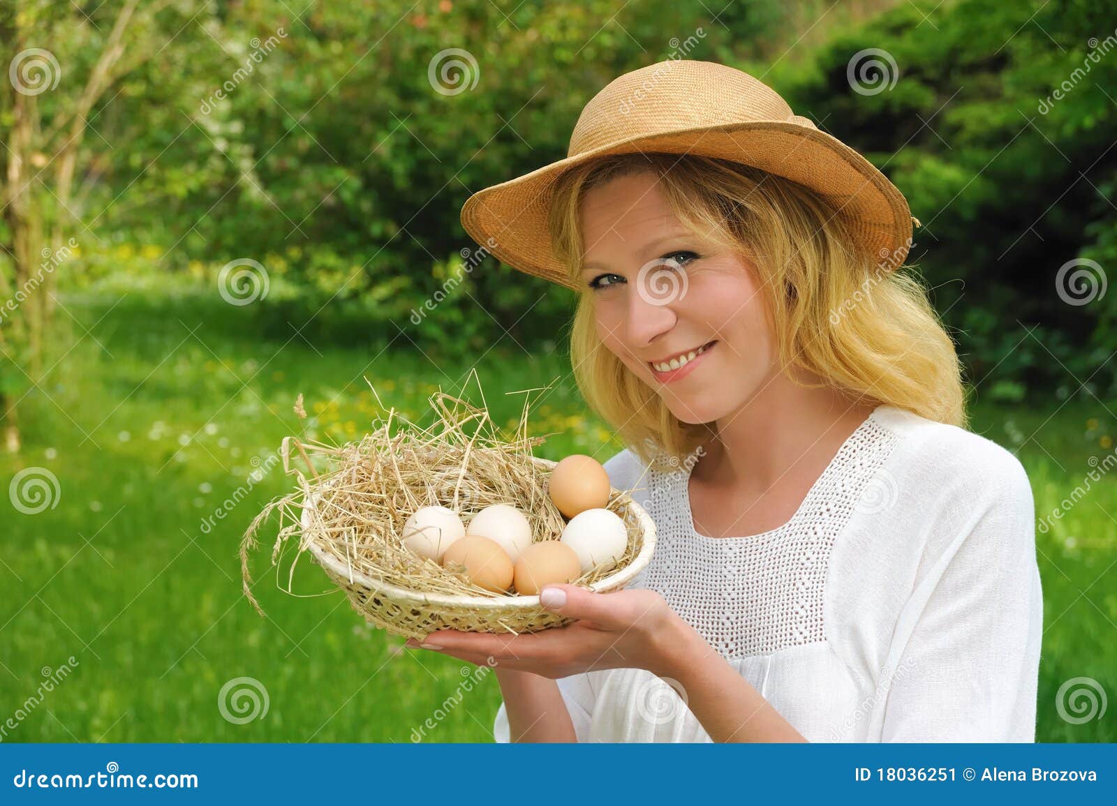 Happy Young Woman and Fresh Eggs Stock Image - Image of dress, garden ...