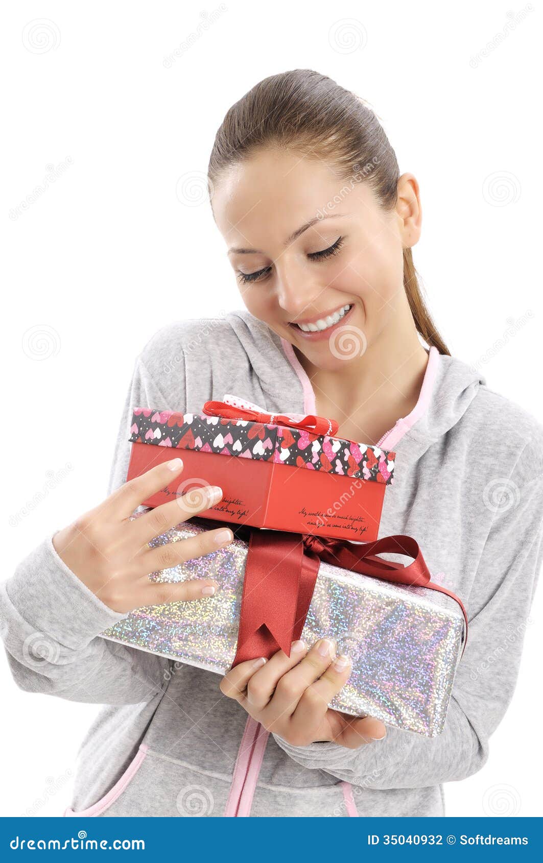 Happy Young Woman with Gift Boxes Stock Photo - Image of boxes, holding ...