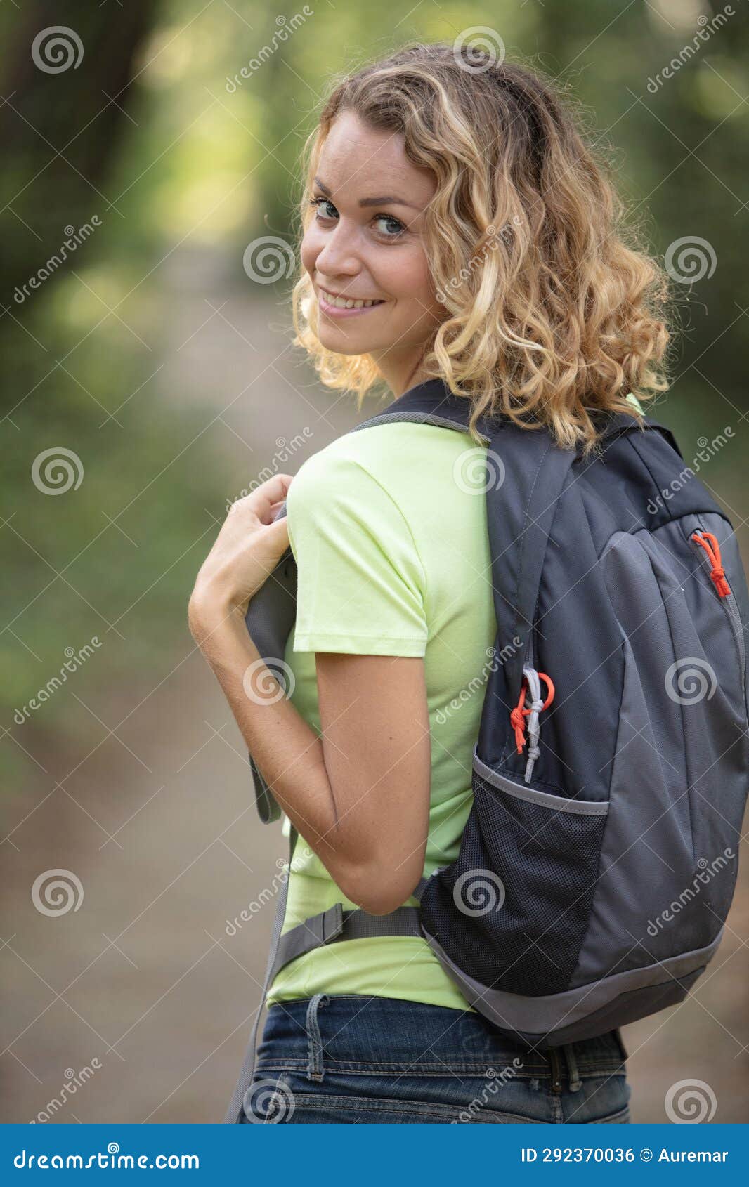 Happy Young Woman Hiking with Backpack Stock Photo - Image of trekking ...