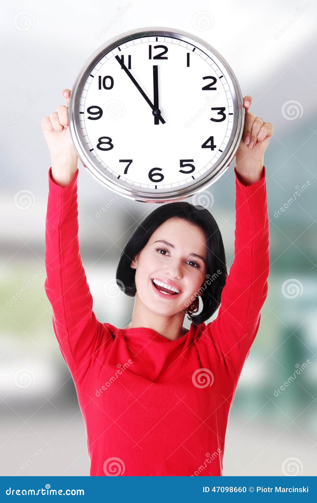 Happy Young Woman Holding Office Clock Stock Photo - Image of hour ...