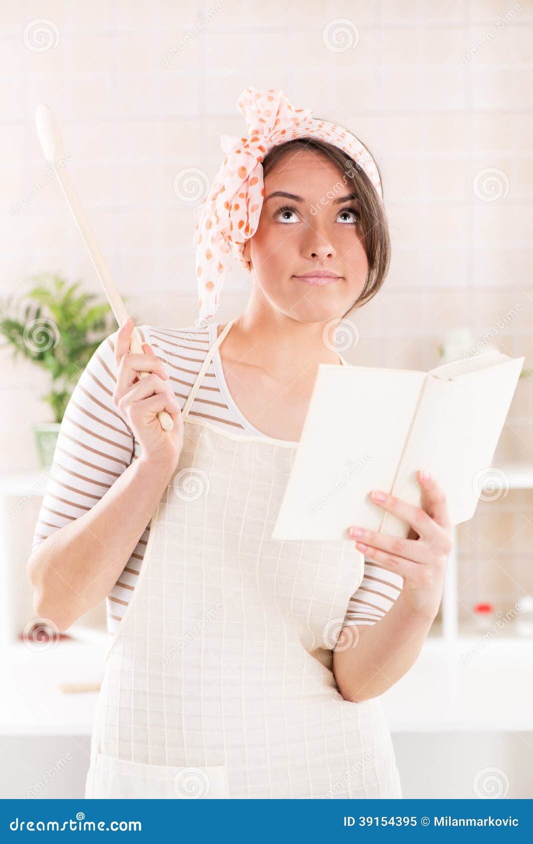 Happy Young Woman in the Kitchen Stock Image - Image of spoon, thinking ...