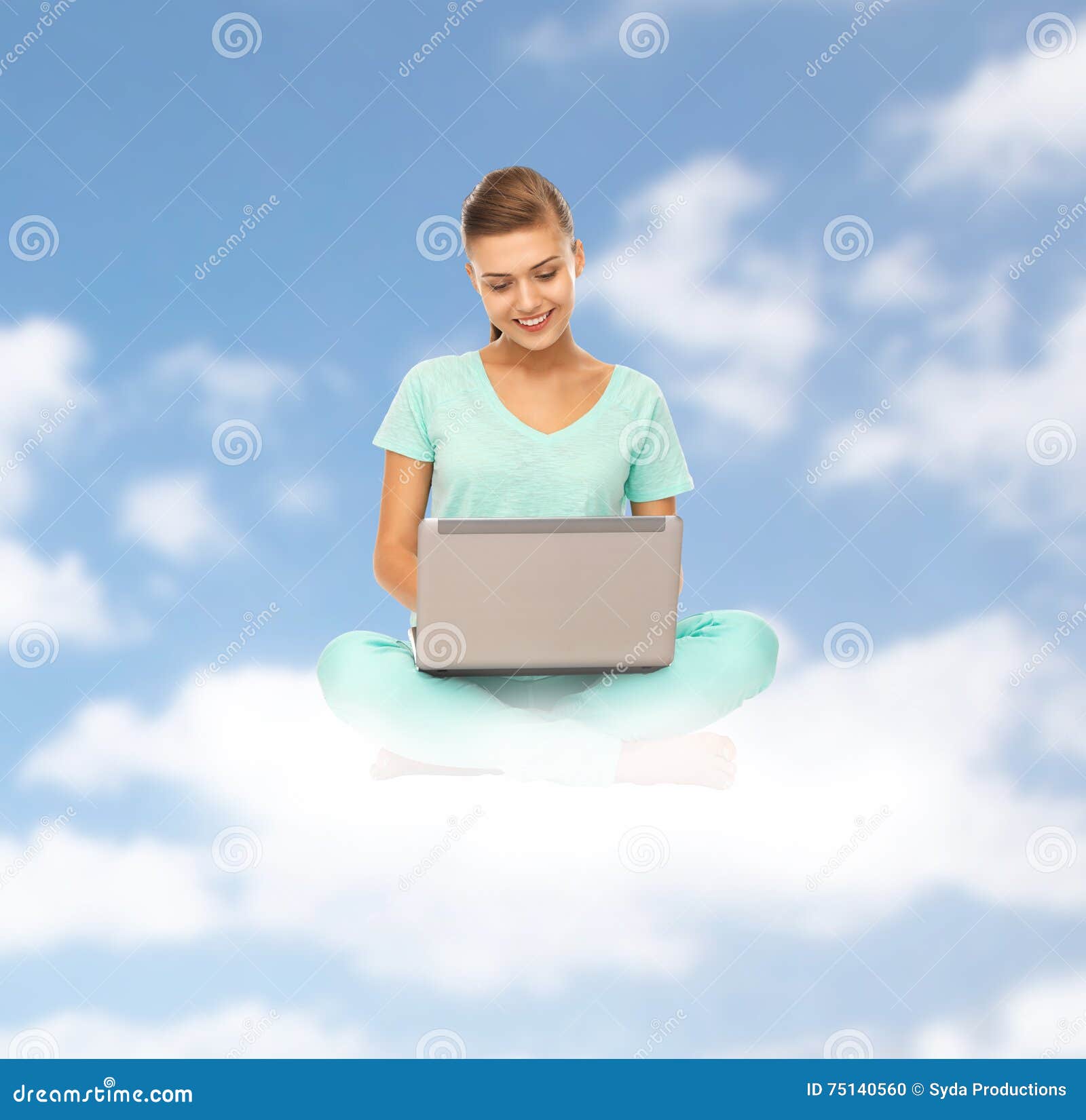 Happy Young Woman with Laptop Sitting on Cloud Stock Photo - Image of ...
