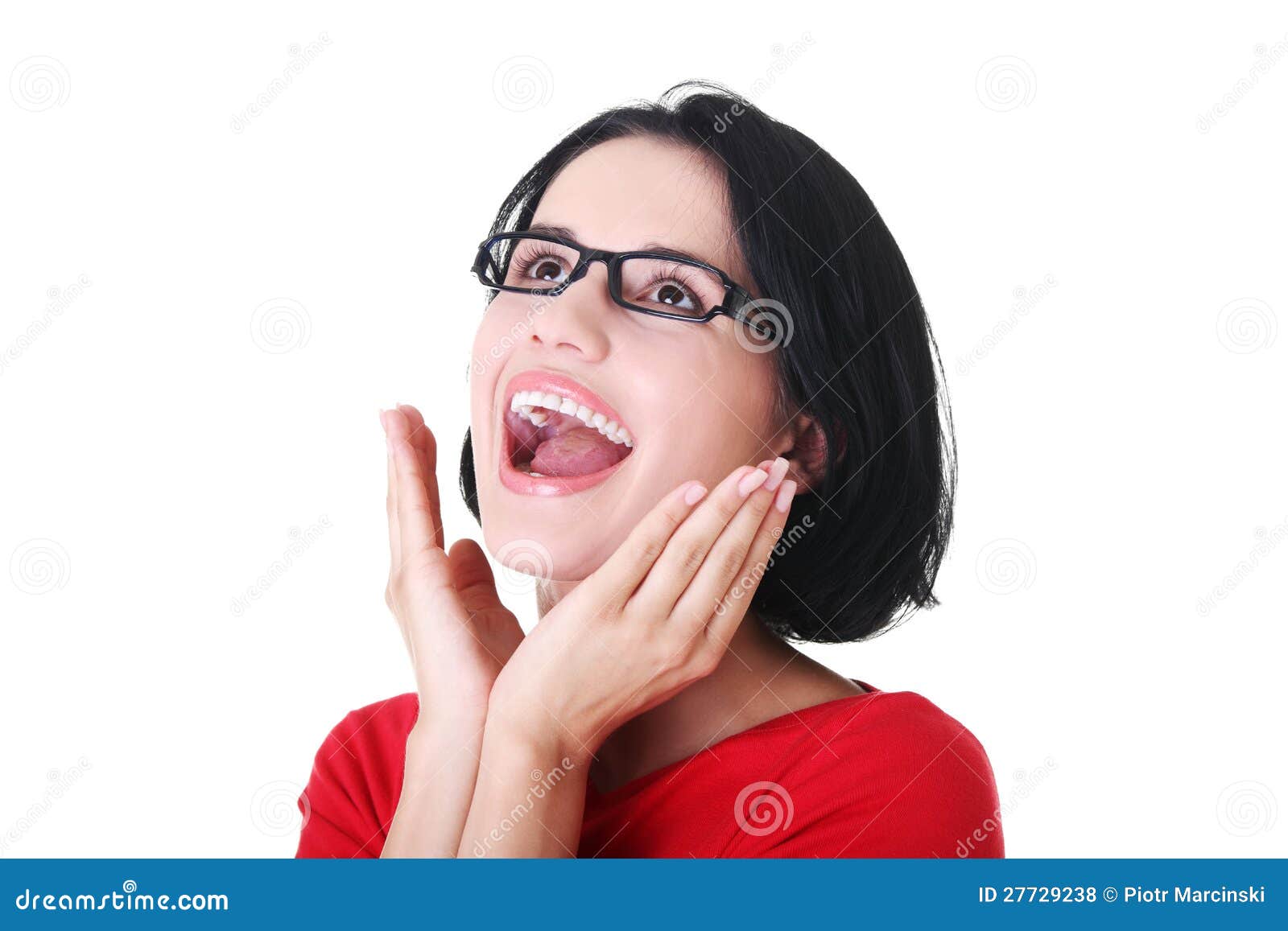 Happy Young Woman Looking Up Stock Photo - Image of isolated, brunette ...