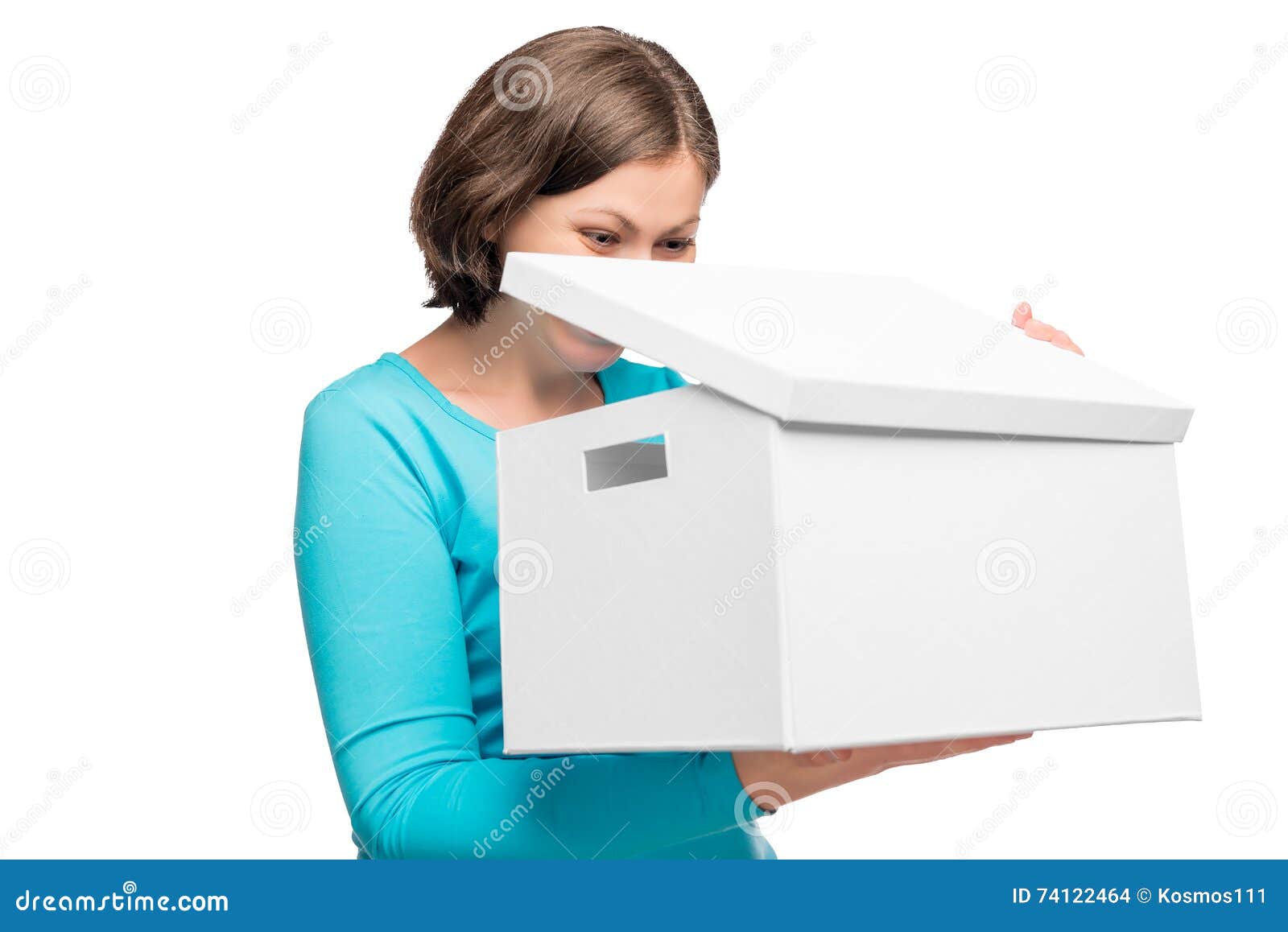 Happy Young Woman Looks in a Box Stock Photo - Image of cardboard ...