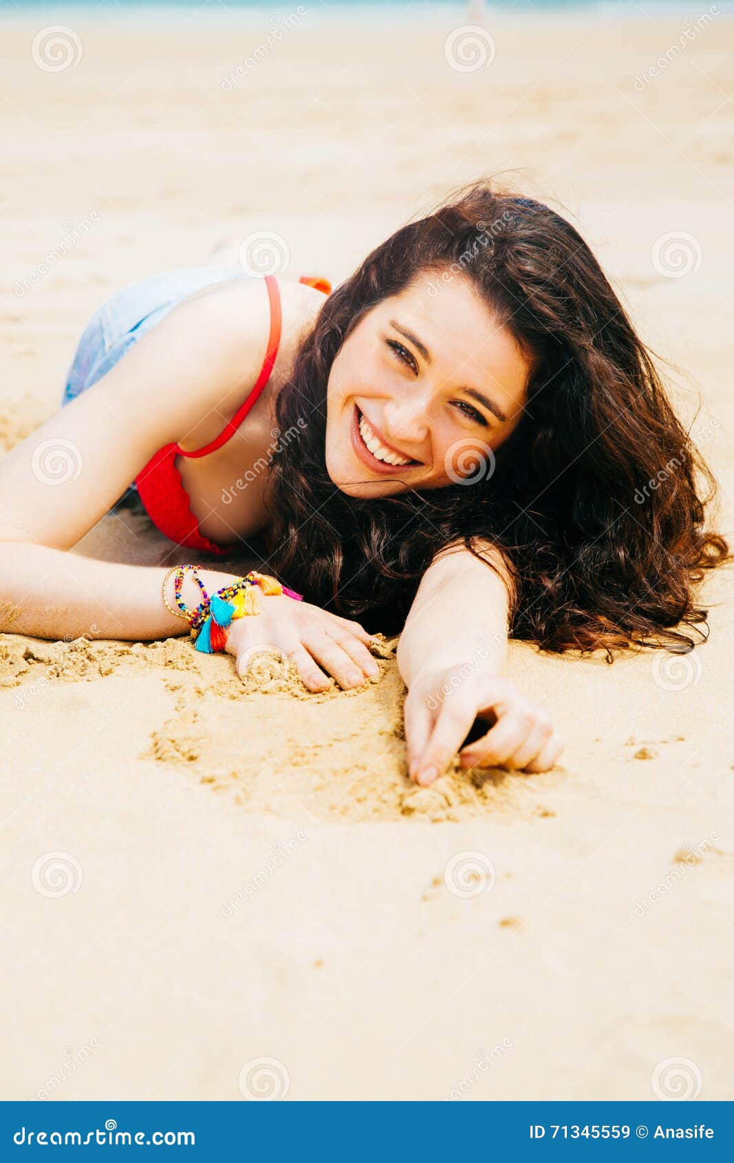 Happy Young Woman Lying On The Beach Stock Image Image Of Brunette