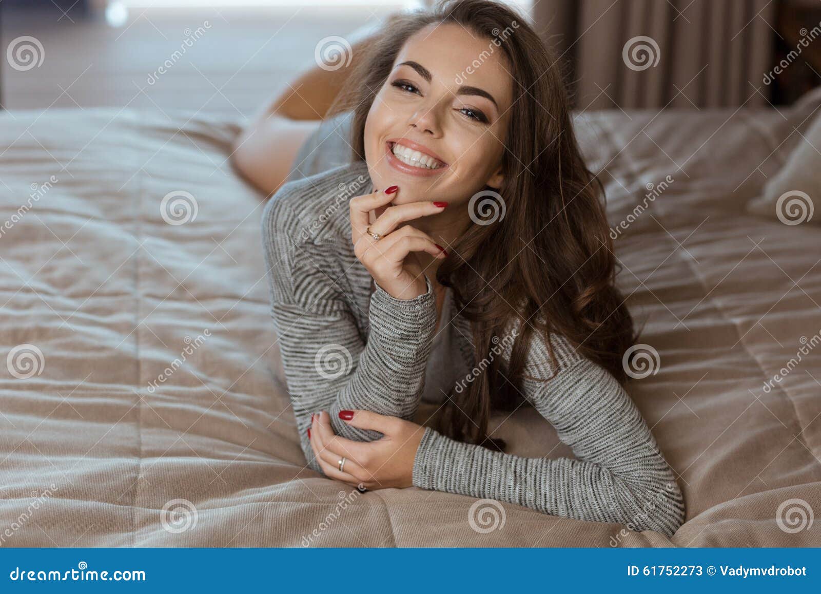 Happy Young Woman Lying on the Bed Stock Image - Image of calm, girl ...