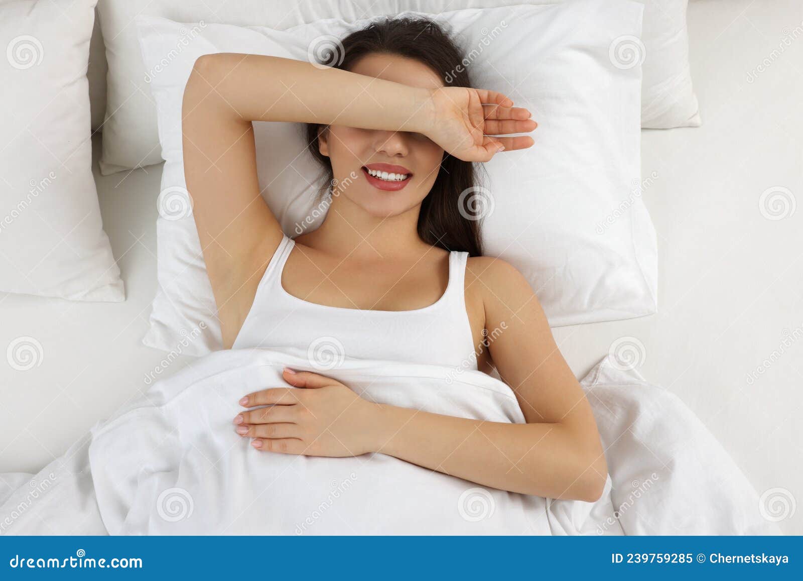 Happy Young Woman Lying in Bed, Top View Stock Image - Image of leisure ...