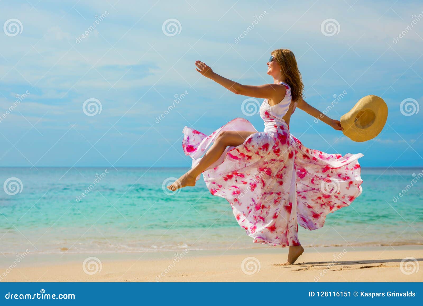 Happy Woman Making a Big Step Forward on the Beach Stock Image - Image ...
