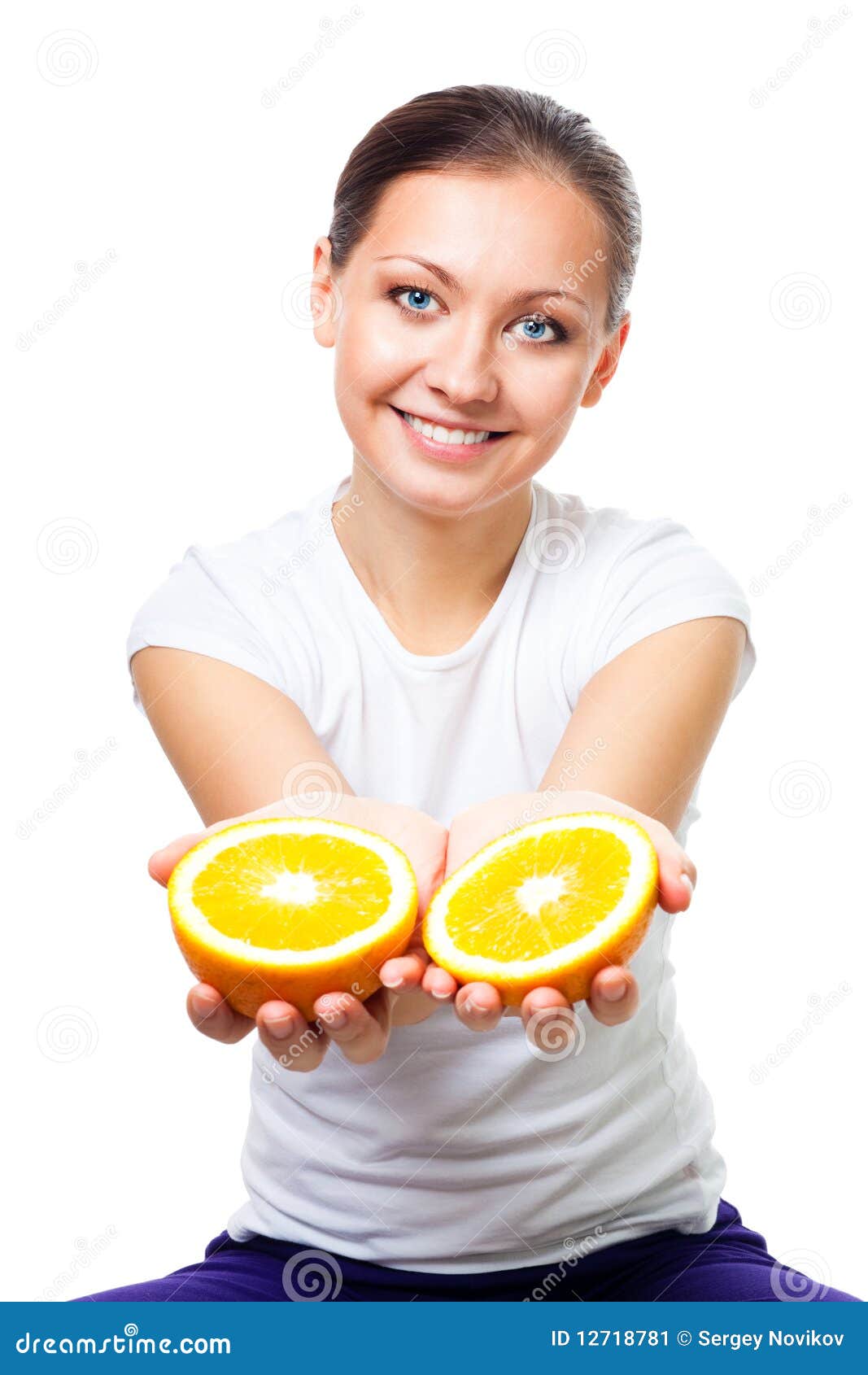 Happy Young Woman Offer Orange Stock Image - Image of brunette ...