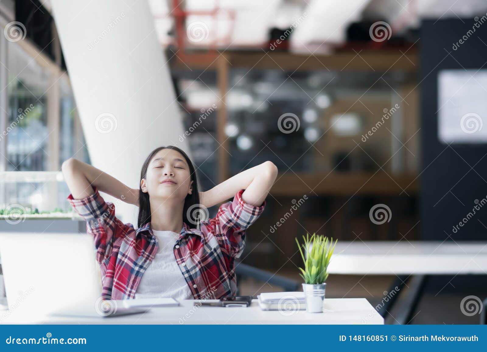Happy Young Woman Resting in Office after Work Done Stock Image - Image ...