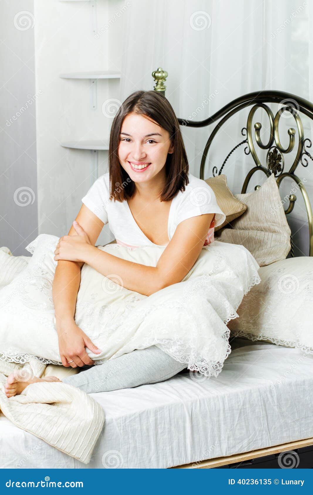 Happy Young Woman Sitting in Bed Stock Image - Image of morning, young ...