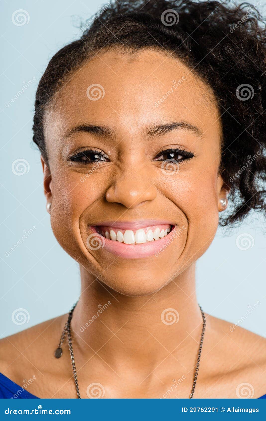 Happy Woman Portrait Real People High Definition Blue Background Stock ...
