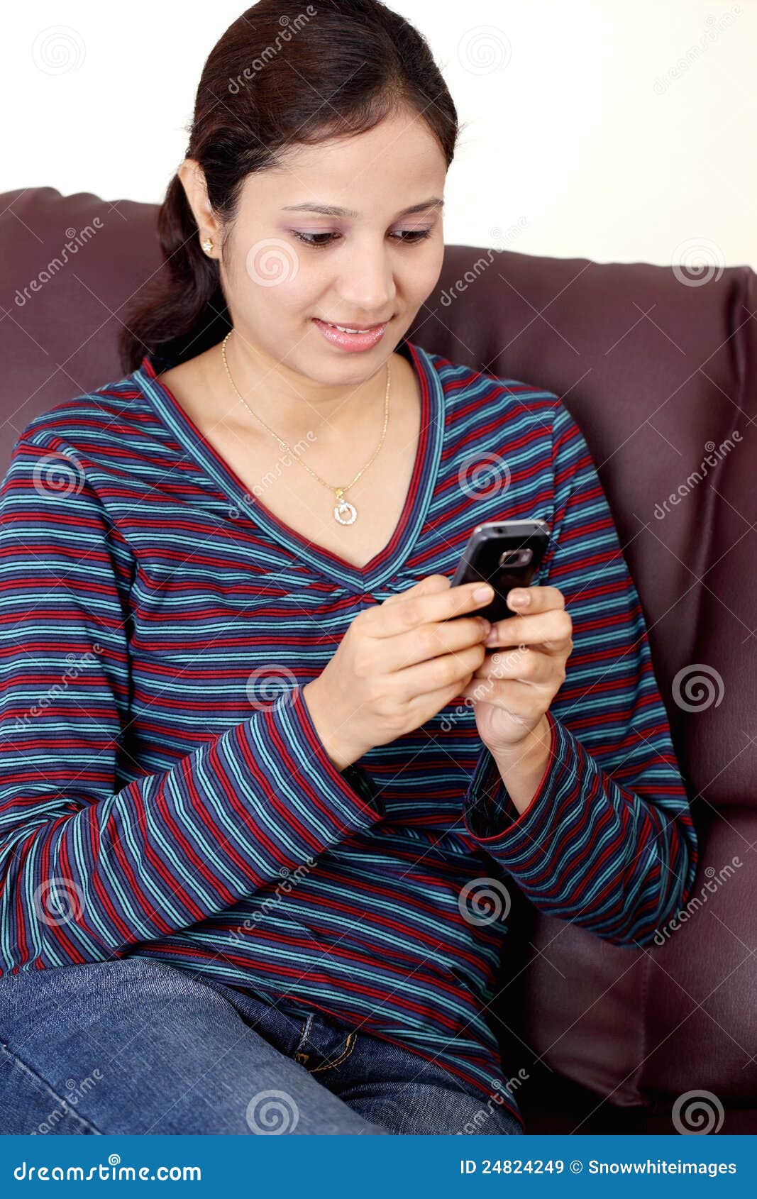 Happy Young Woman Text Messaging Stock Image - Image of leisure ...