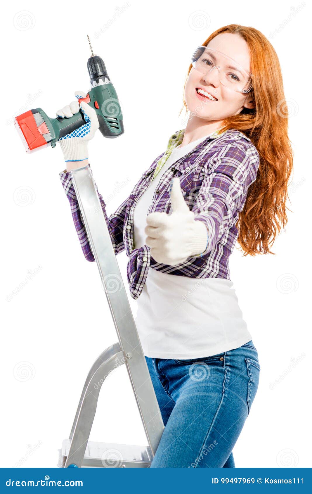 Happy Young Woman with a Tool on a White Stock Image - Image of active ...