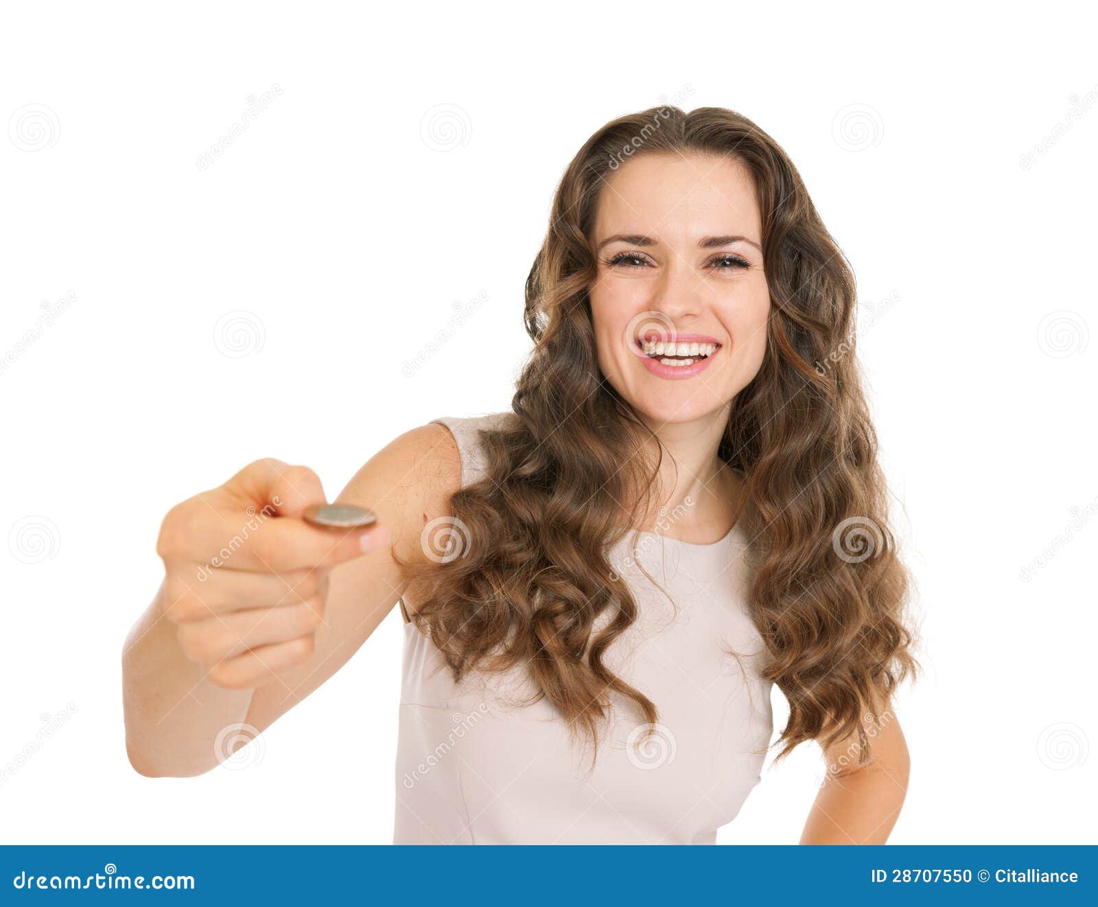 Happy Young Woman Tossing Coin Stock Photo - Image of pretty, gleeful ...