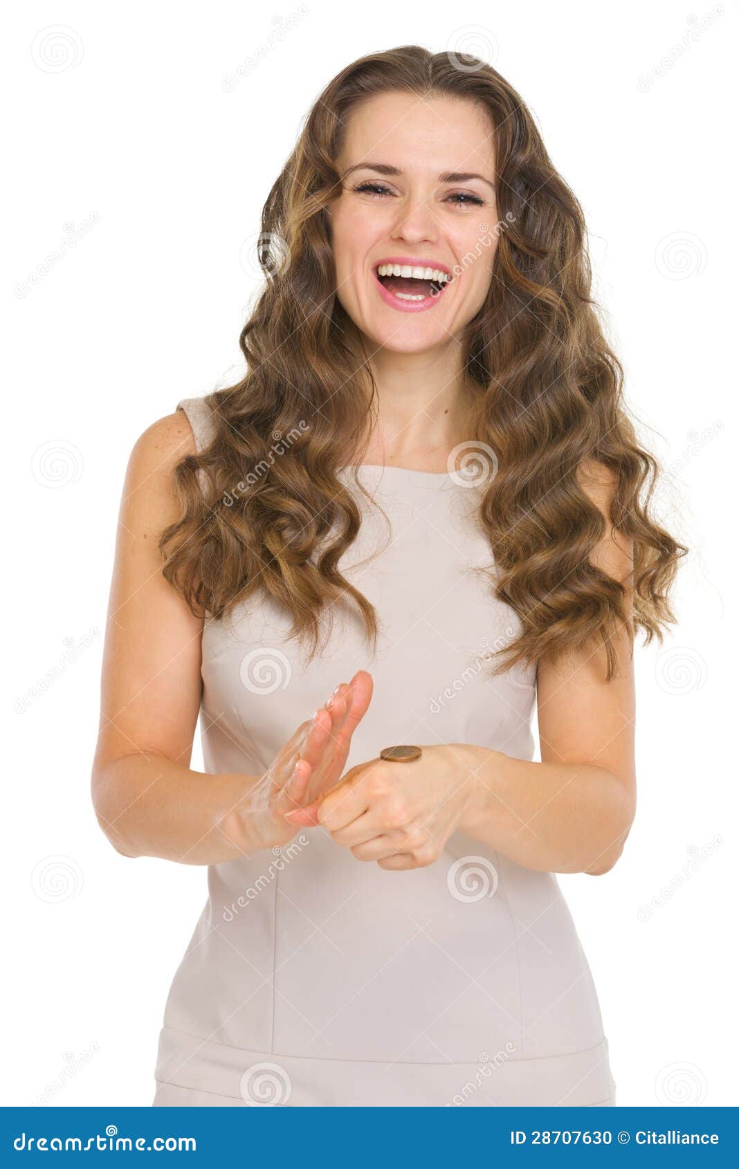 Happy Young Woman Tossing Coin Stock Photo - Image of decision, flip ...