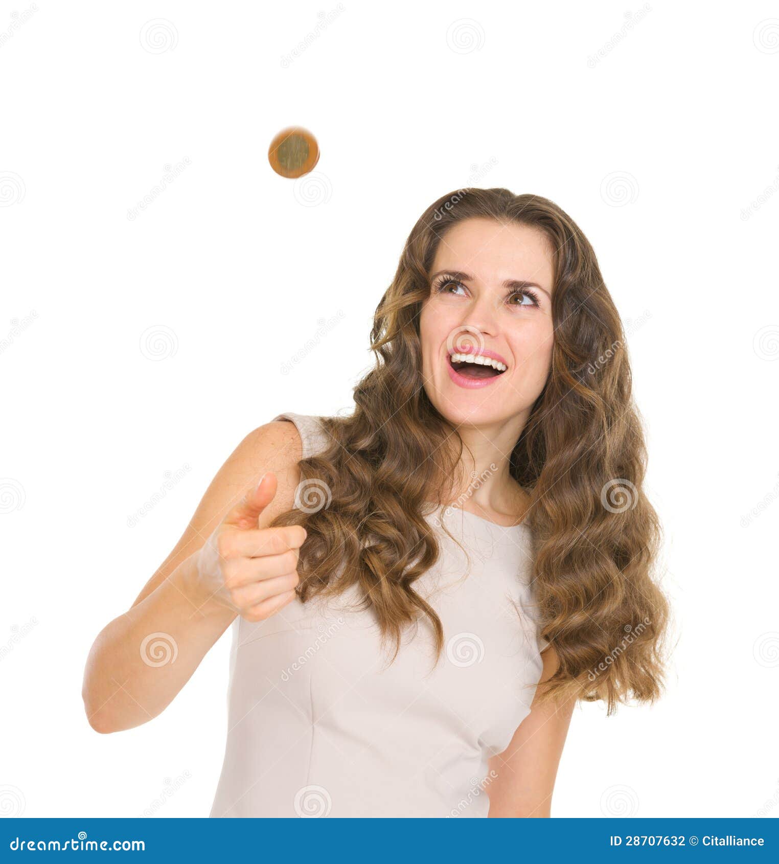 Happy Young Woman Tossing Coin Stock Photo - Image of luck, elegance ...