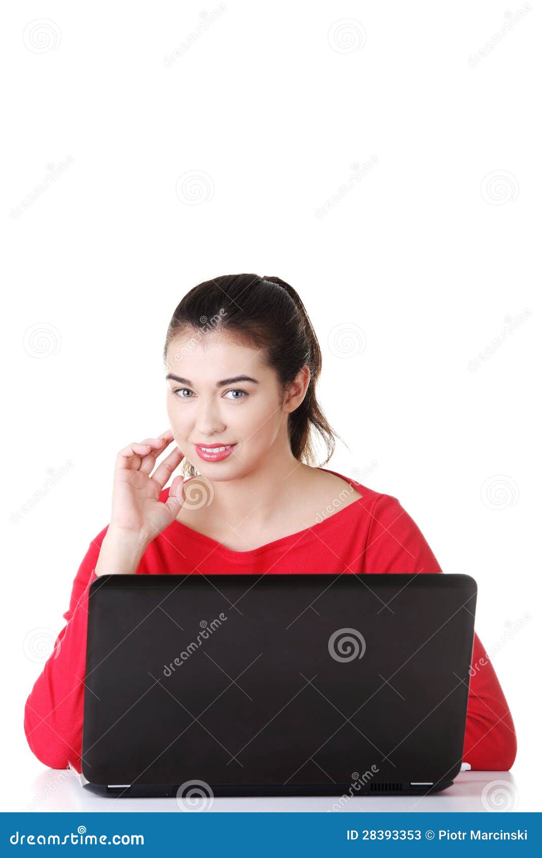 Happy Young Woman Using Her Laptop. Stock Image - Image of brunette ...