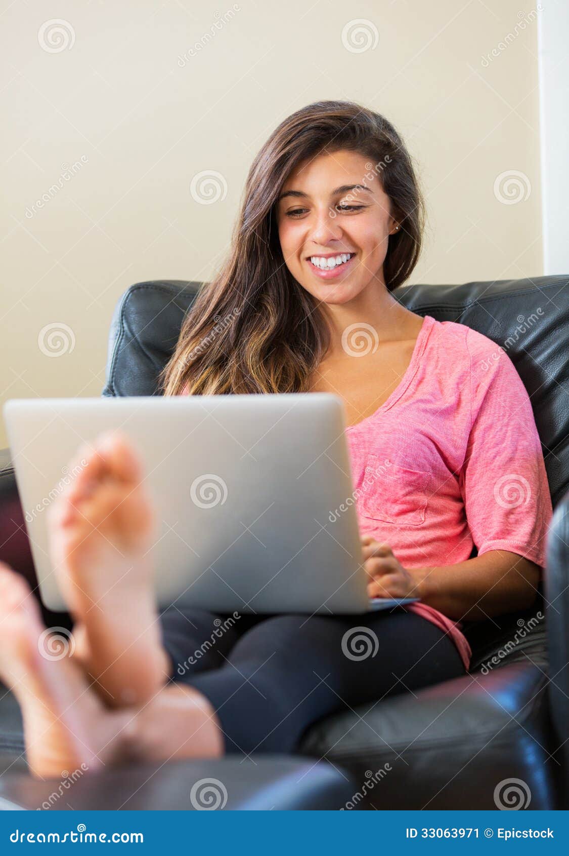 Happy Young Woman Using a Laptop Computer Stock Image - Image of hair ...