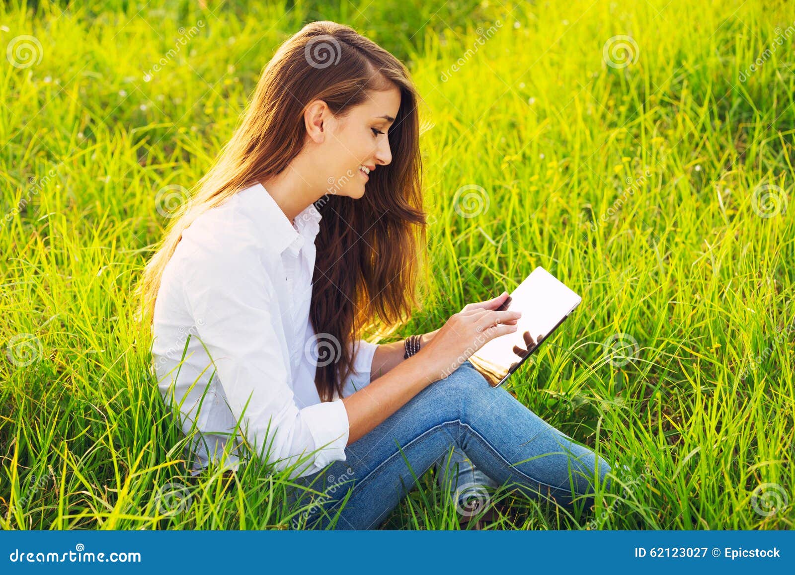 Happy Young Woman Using Tablet Stock Image - Image of female, natural ...
