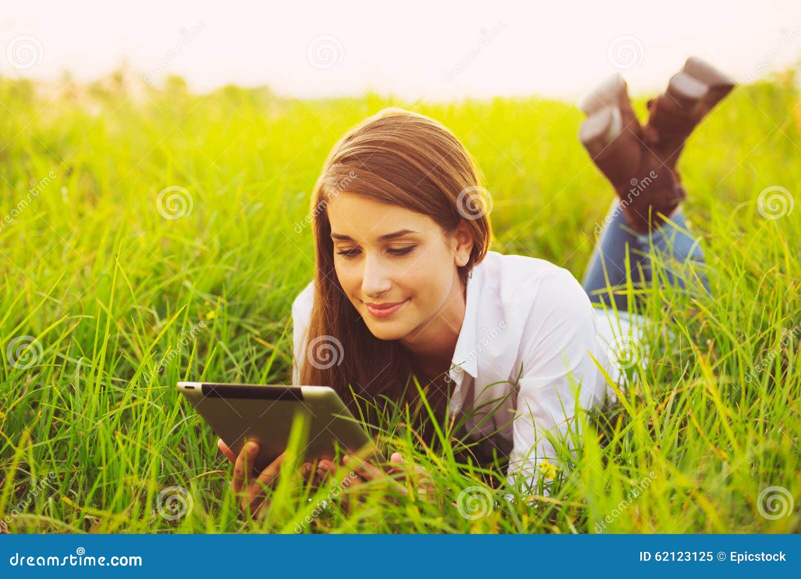 Happy Young Woman Using Tablet Stock Image - Image of positive, beauty ...
