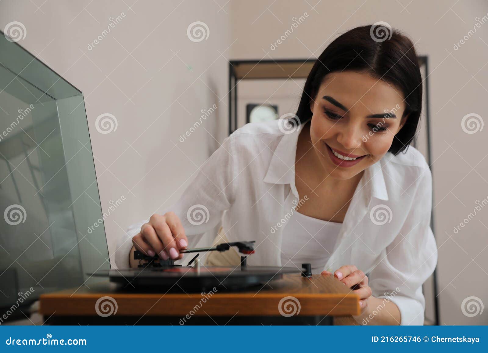 Happy Young Woman Using Turntable at Home Stock Photo - Image of ...