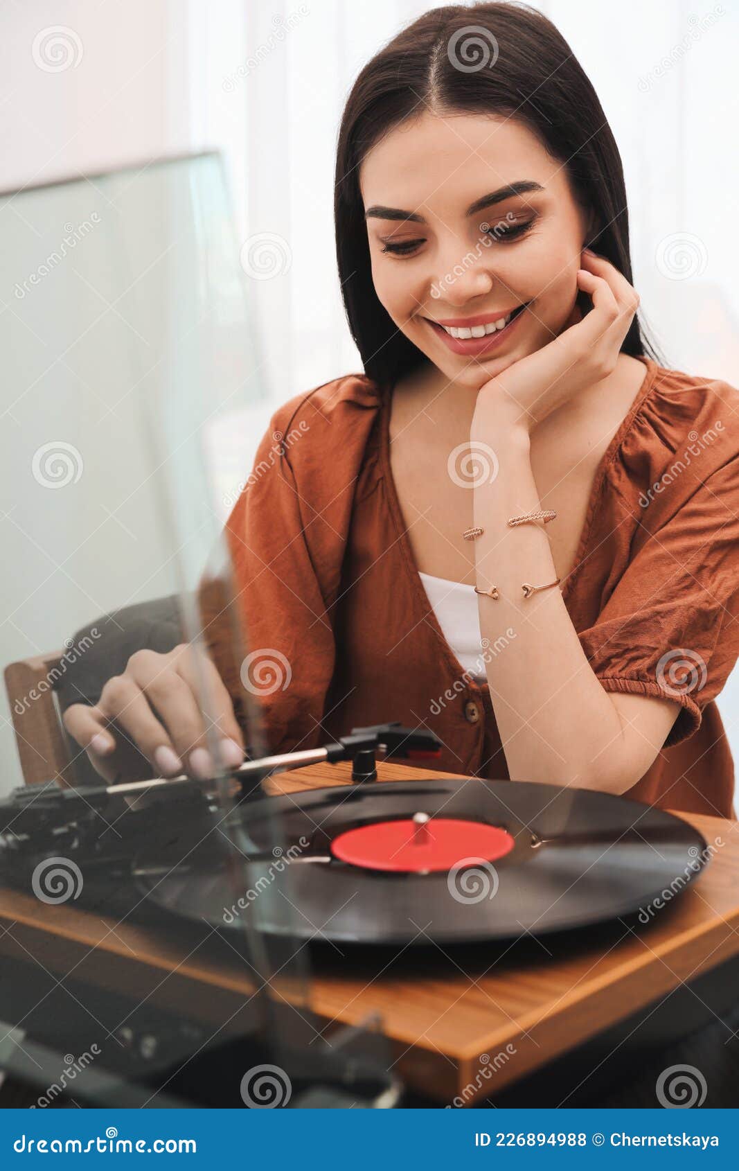 Happy Woman Using Turntable at Home Stock Photo - Image of leisure ...