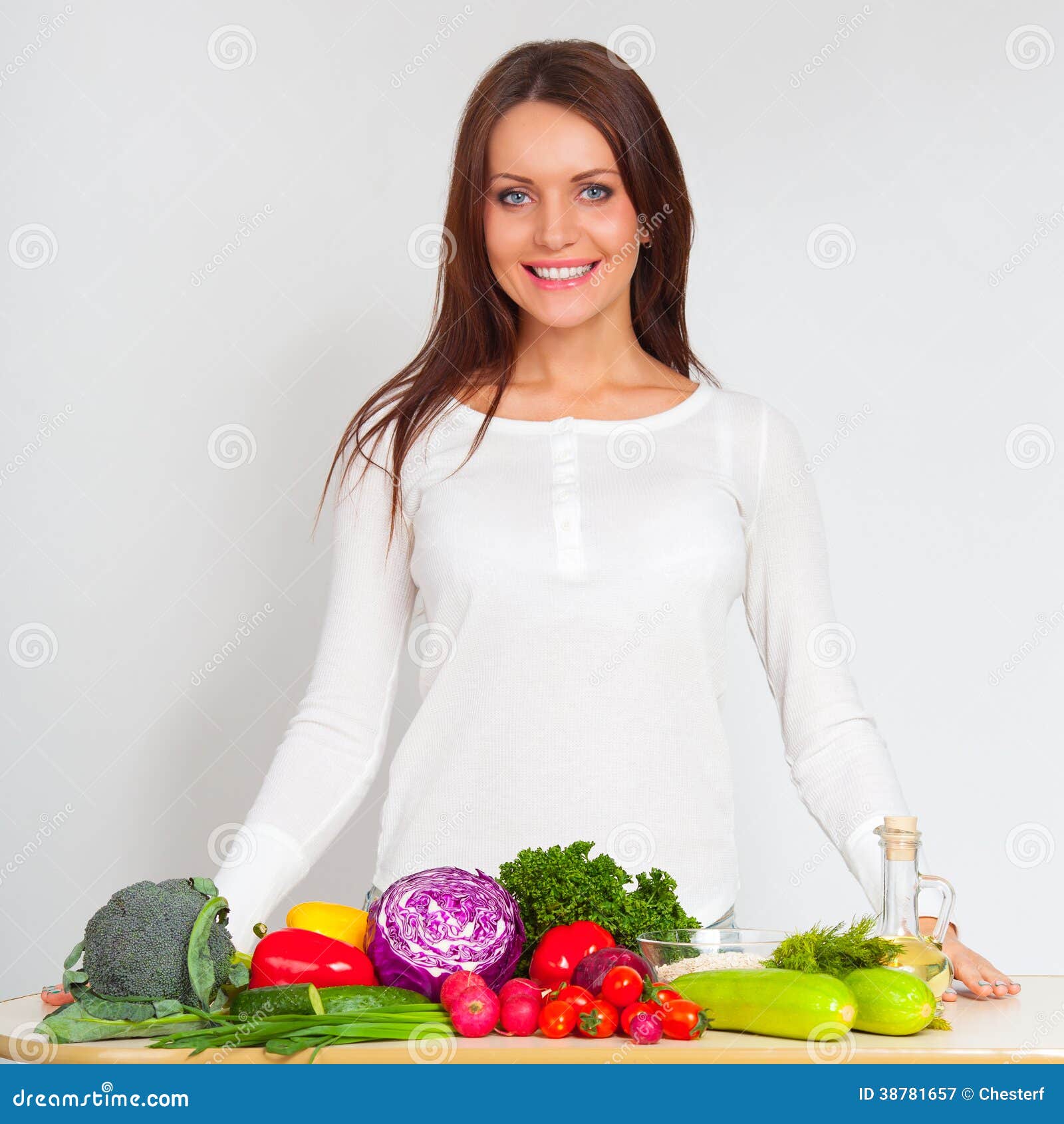 Happy Young Woman with Vegetables at Kitchen Stock Image - Image of ...