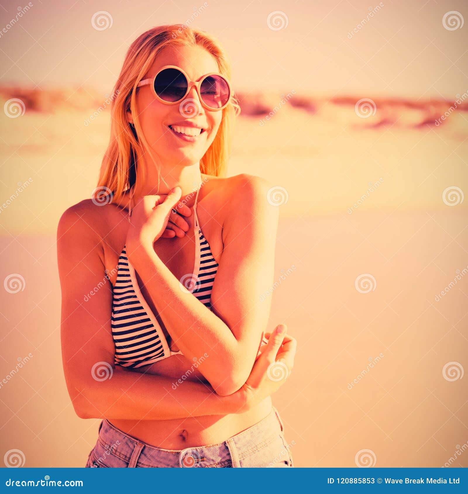 Happy Young Woman Wearing Sunglasses At Beach Stock Image Image Of