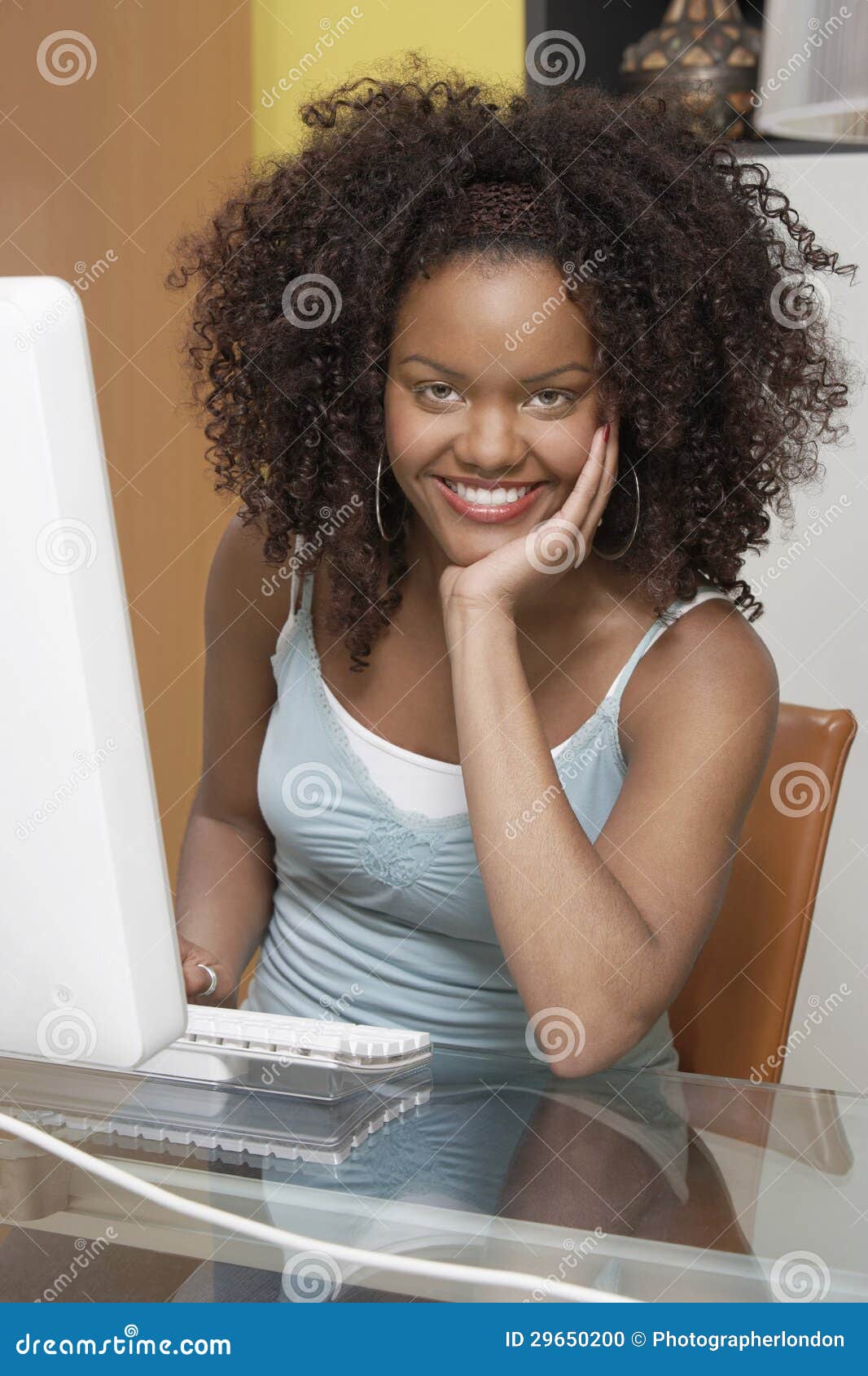 Happy Young Woman Working on Computer Stock Photo - Image of computer ...