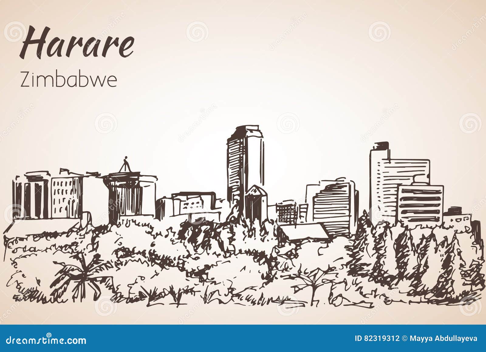 Harare cityscape sketch. stock vector. Illustration of skyscraper ...