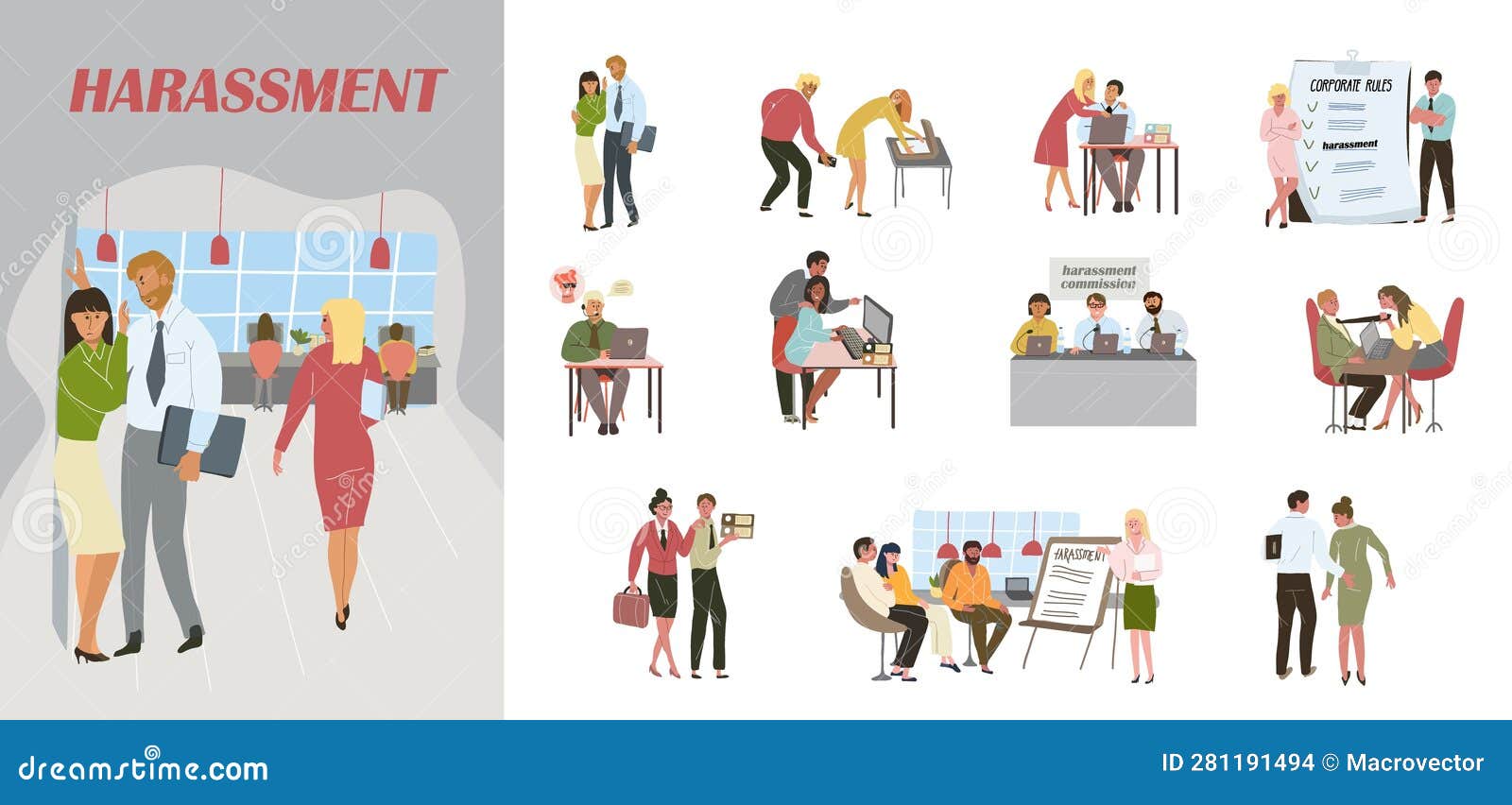 Work Harassment, Characters Male, Female Mock Under Man, Loser Sit In ...