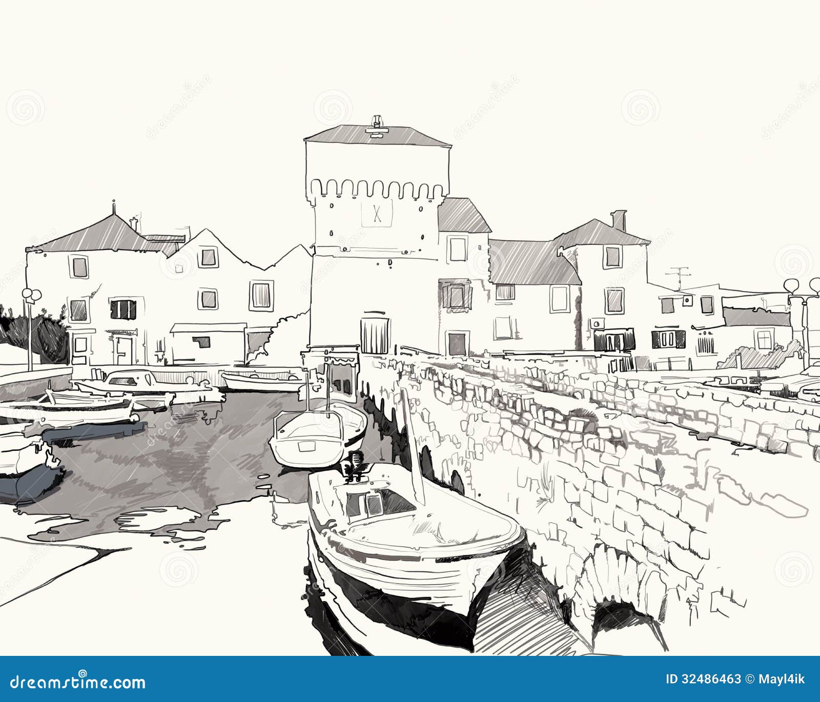 Harbor with boats stock illustration. Illustration of ocean - 32486463