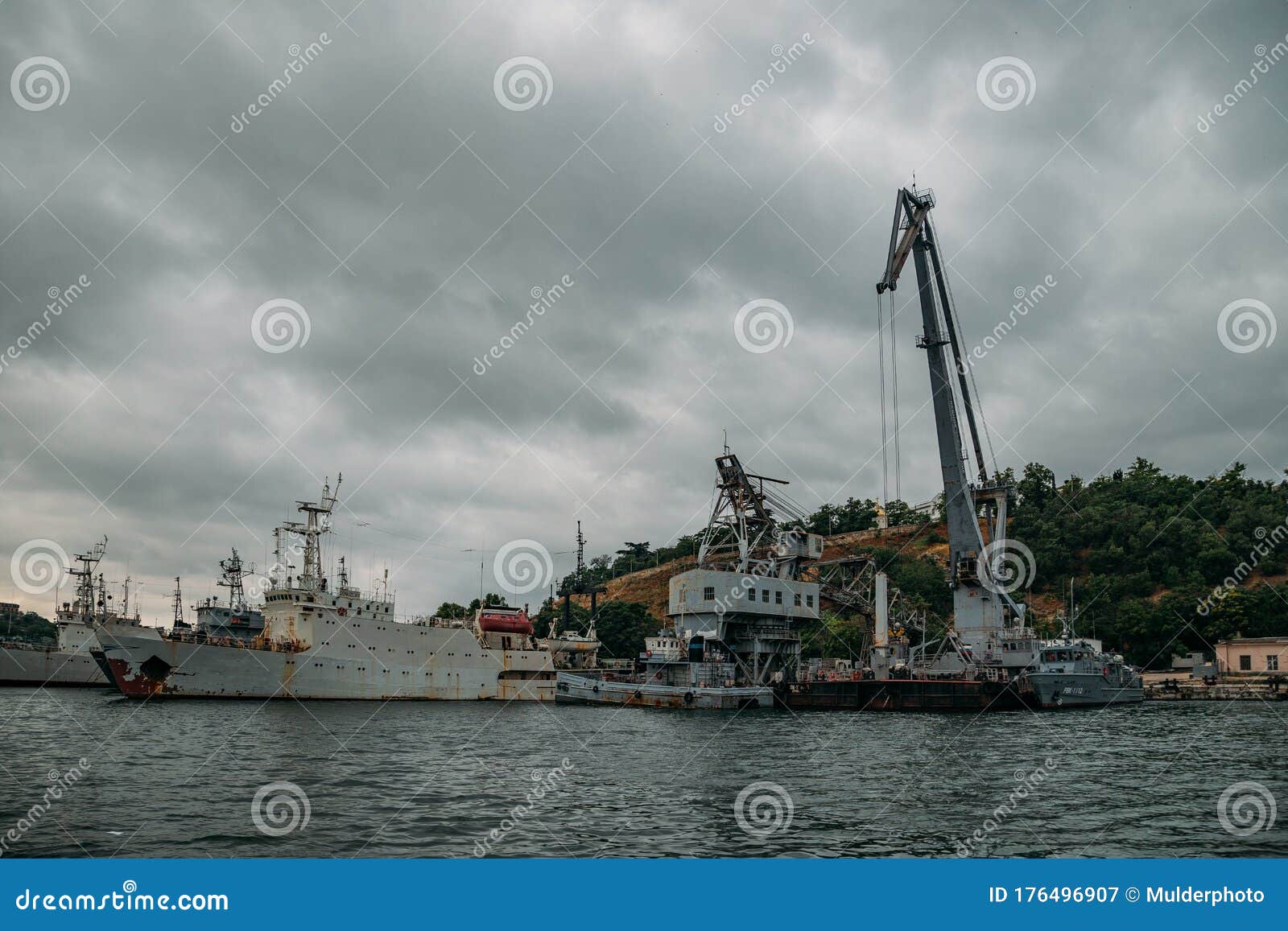 Harbor Cargo Cranes on Evening Sky Background Editorial Photography ...