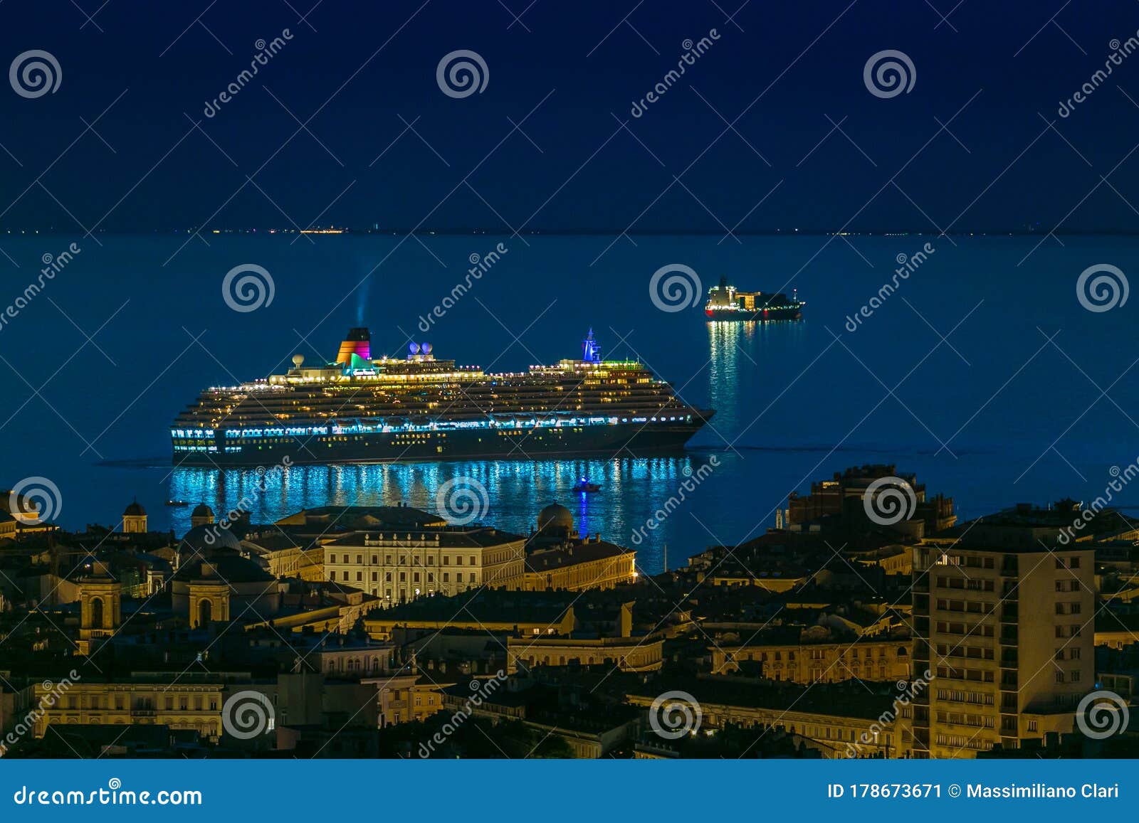 Harbor and Cruise Ship at Night in Trieste, Italy Stock Image - Image ...
