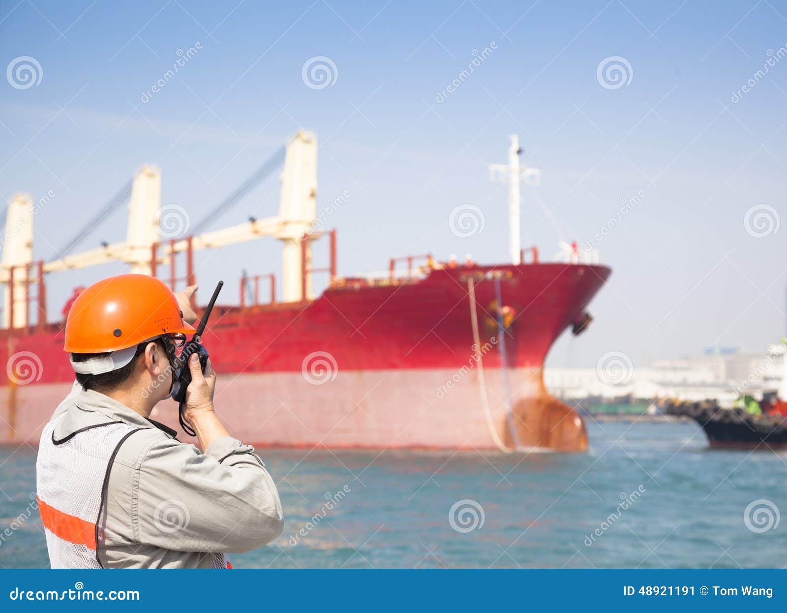 Harbor Dock Worker Talking on Radio Stock Image - Image of instructions ...