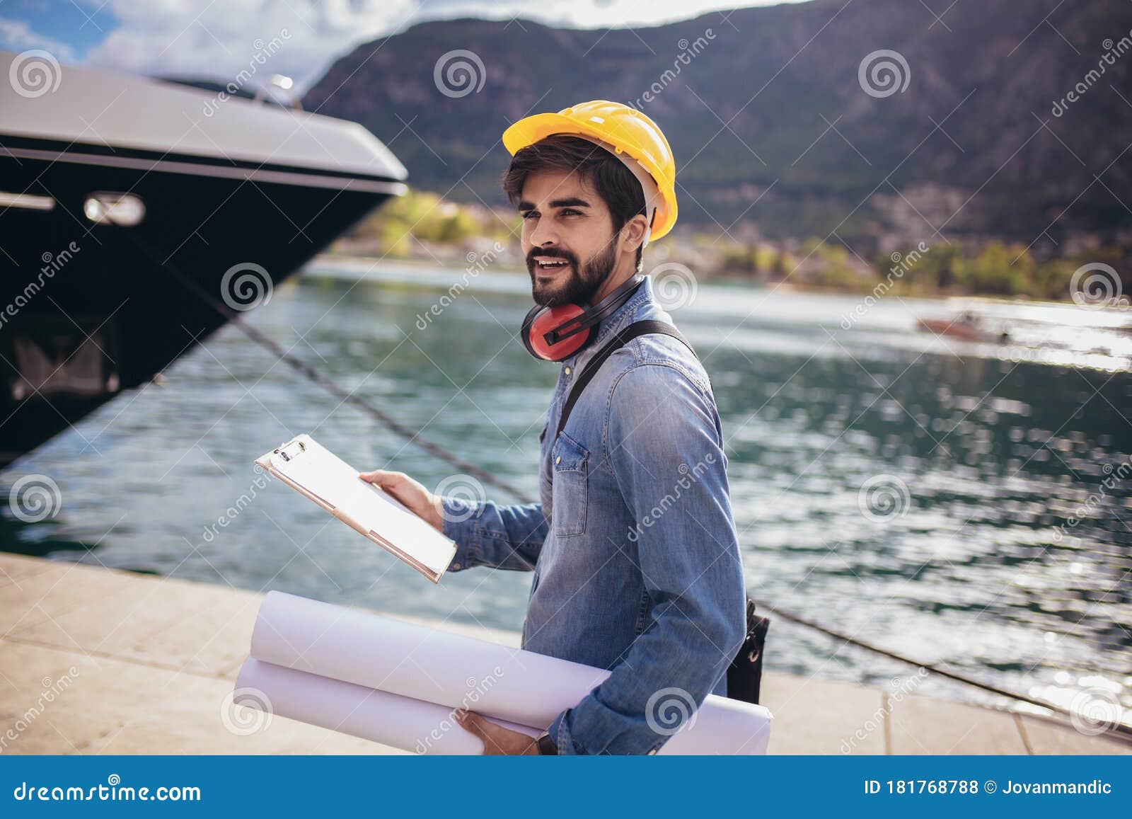 Harbor Engineer Holding the Paper, Construction Work Stock Photo ...