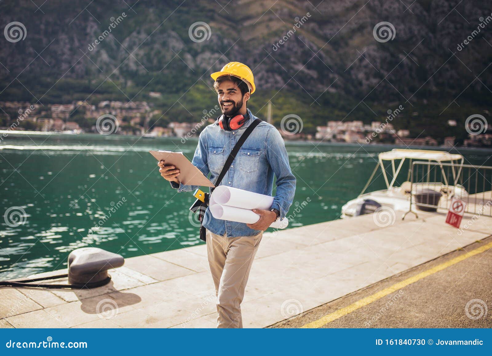 Harbor Engineer Holding the Paper, Construction Work, Stock Photo ...
