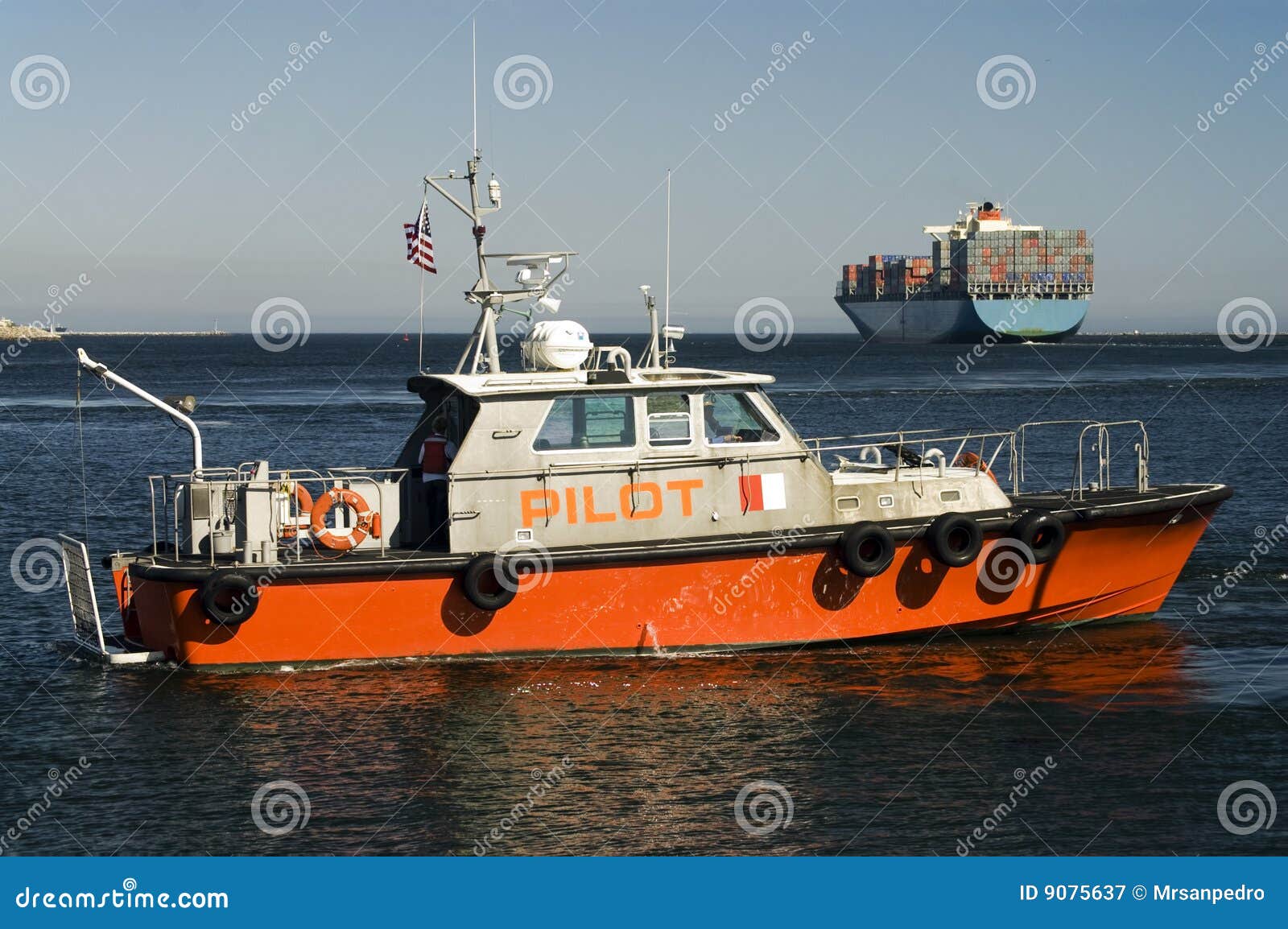 Harbor Pilot Boat and Container Ship Stock Image - Image of port, pilot ...