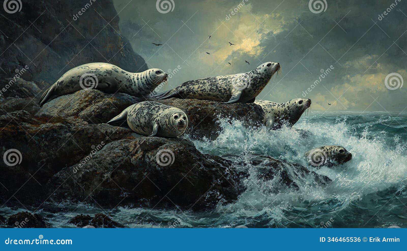 Harbor Seals on Rocks, Dramatic Ocean Waves Stock Illustration ...