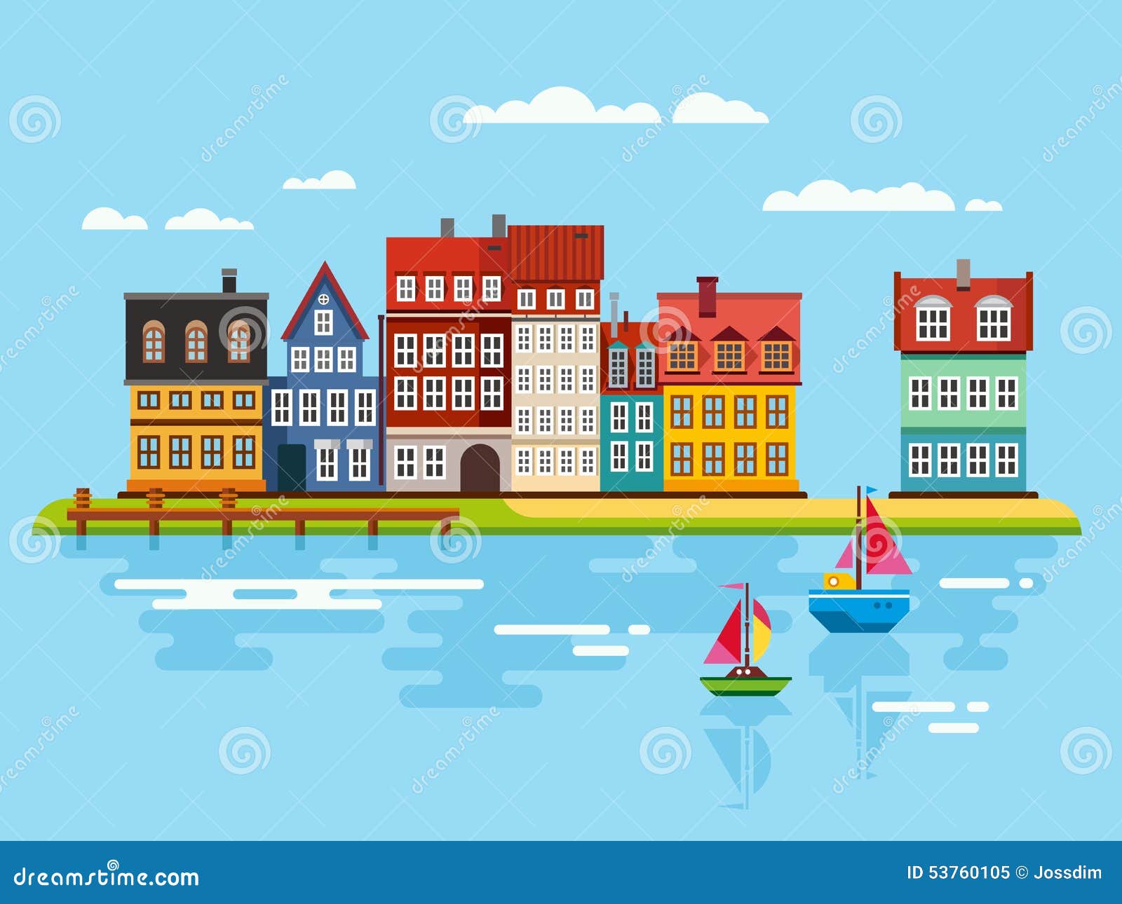 Harbor Waterfront with Boats on River Stock Vector - Illustration of ...