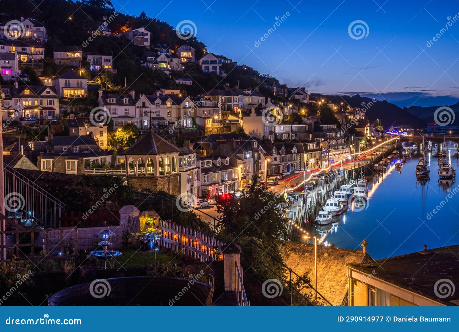 Harbour and Town at Blue Hour with Lights Reflected in the Water ...
