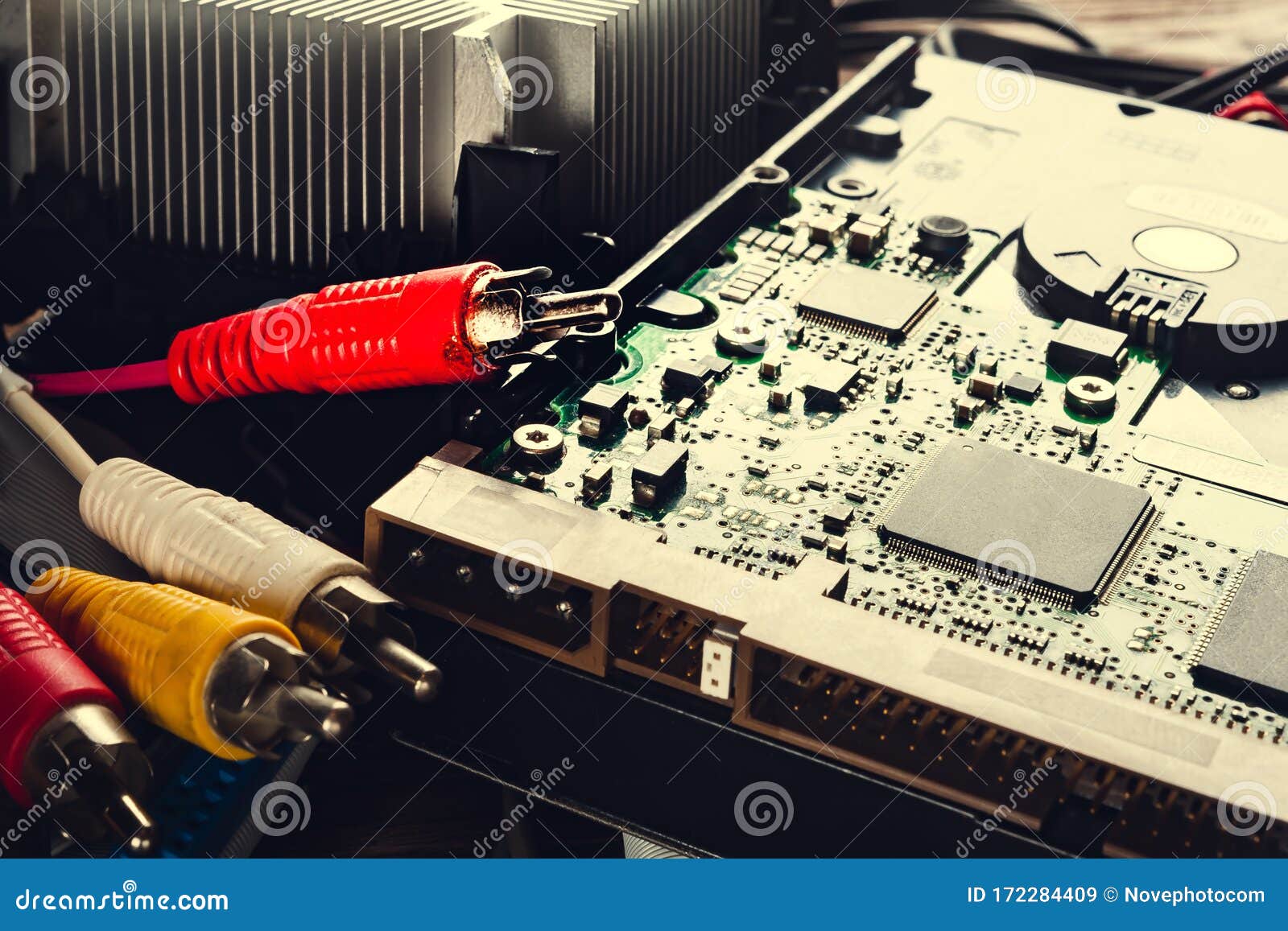 Hard Disk and Cables. Old Computer Hard Drive. Microchips and PC ...