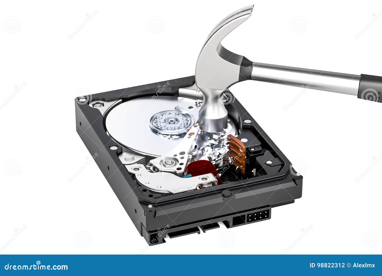 Hard Disk Drive HDD with Hammer, Destroying Hard Disk. 3D Render Stock ...